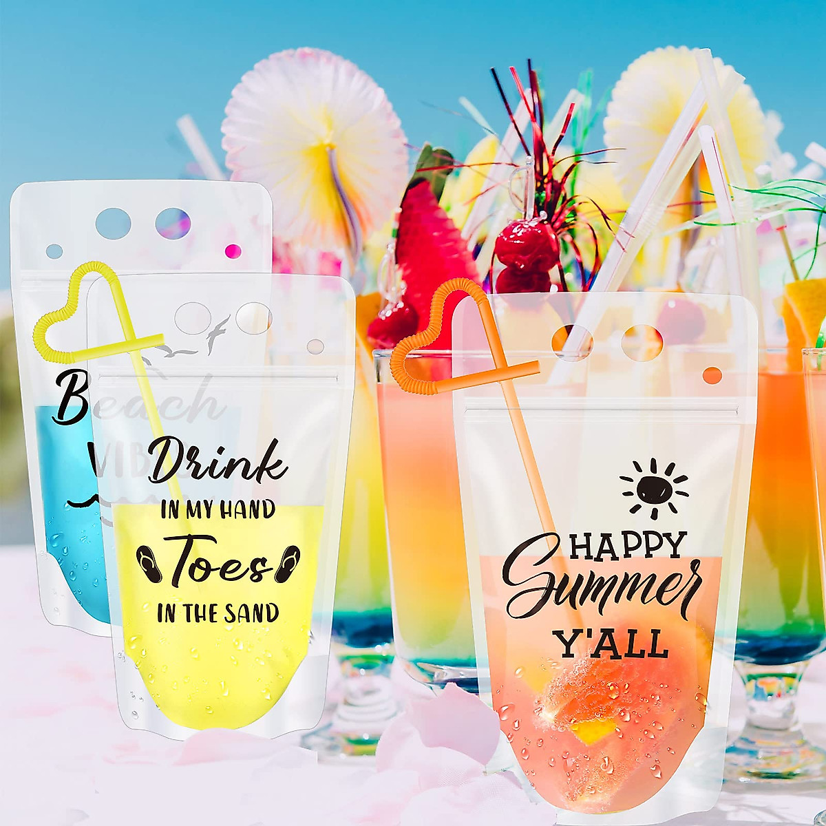Summer Drink Pouches with Straws Beach Drink Pouches for Adult Translucent Party Beverage Bags Stand up Juice Pouches Plastic Drink Container with Zipper Juice Freezer Bags for Party Favor (30 Sets)