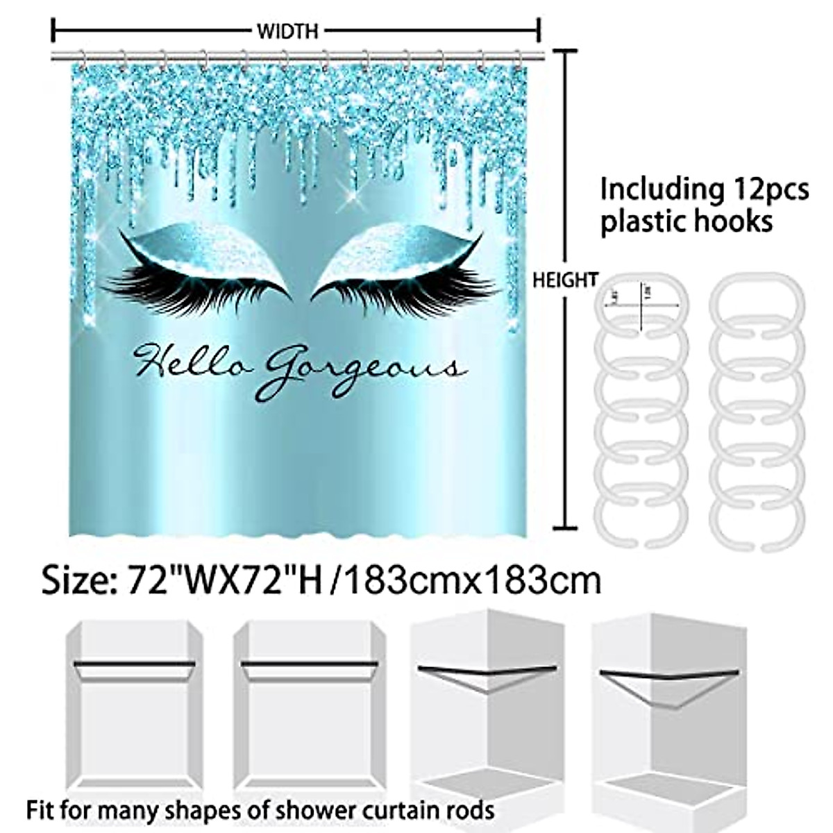 Bellcon 4Pcs Turquoise Hello Gorgeous Bathroom Sets with Rugs and Accessories for Women Lake Blue Bling Eyelash Shower Curtains Sets with Rugs Soft Bath Mat and Toilet Seat Cover