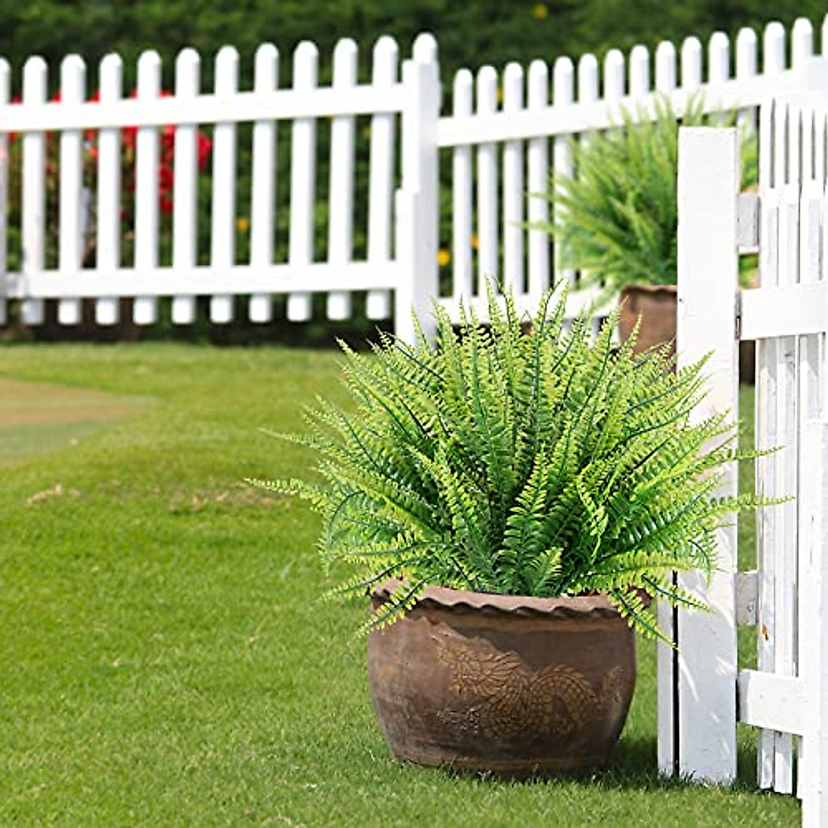 ZEOSTARO 12 Bundles Artificial Plants, Fake Boston Fern Greenery Outdoor UV Resistant No Fade Faux Plastic Plants Garden Porch Window Box Decorating