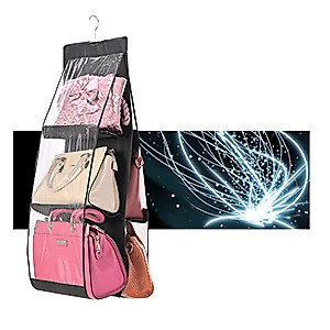 Double-Sided Six-Layer Hanging Storage Bag, High Capacity Transparent Collapsible 6 Pockets, Hanging Closet Storage Bag, Hanging Purse Handbag Organizer (Black)