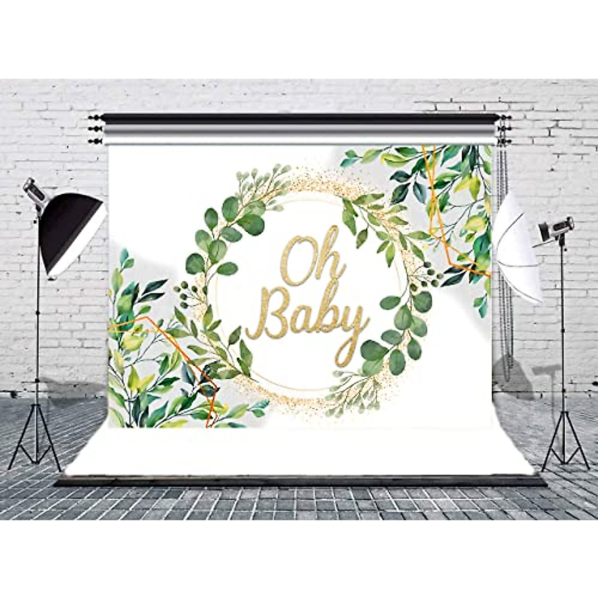 Flowerstown Oh Baby Backdrop 5x3ft Oh Baby Sign for Backdrop Green Leaves Floral Baby Shower backdrops for Photography Newborn Announce Pregnancy Party Decorations Backdrop FT090-XS