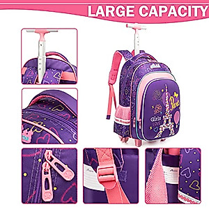 Meetbelify Kids Rollling Backpack for Girls Kids Luggage Suitcase with Lunch Box Set for Elementary Student Travel Backpack with Wheels for Girls Age 6-8 Purple School Bag