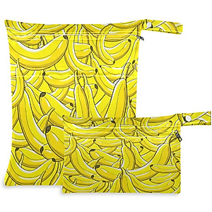 visesunny Yellow Banana 2Pcs Wet Bag with Zippered Pockets Washable Reusable Roomy for Travel,Beach,Pool,Daycare,Stroller,Diapers,Dirty Gym Clothes, Wet Swimsuits, Toiletries