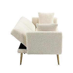 SZLIZCCC Accent Sofa, Mid Century Modern Teddy Velvet Fabric Couch， Convertible Futon Sofa Bed ，Recliner Couch Accent Sofa Loveseat Sofa with Gold Metal Feet (White Teddy)