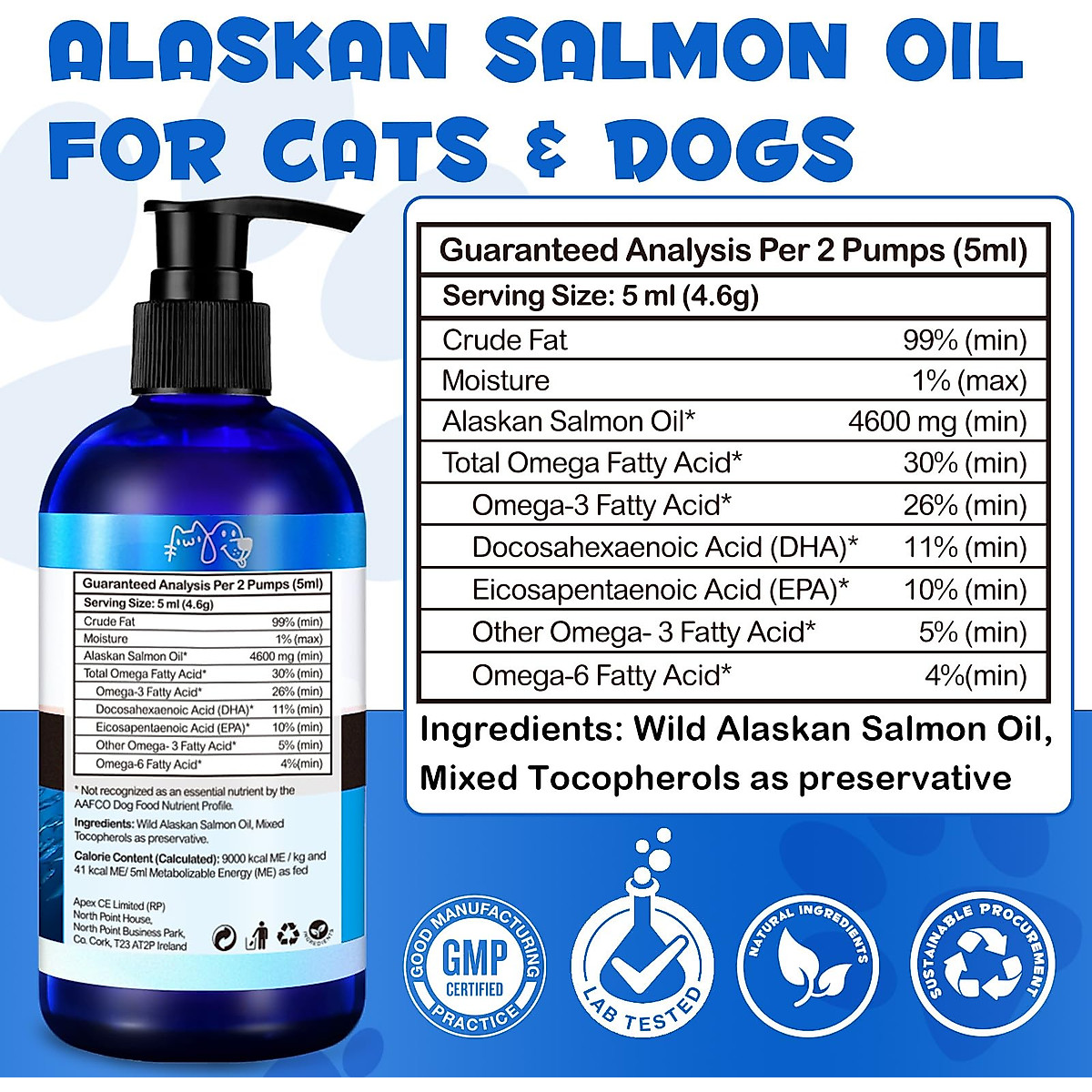 Salmon Oil for Dogs & Cats,Fish Oil for Dogs,Omega 3 Fish Oil for Dog's Skin and Coat,Supports Healthy Dog Skin and Coat Supplement, Contains Omega-3, EPA&DHA Wild Alaskan Salmon Oil 250ml