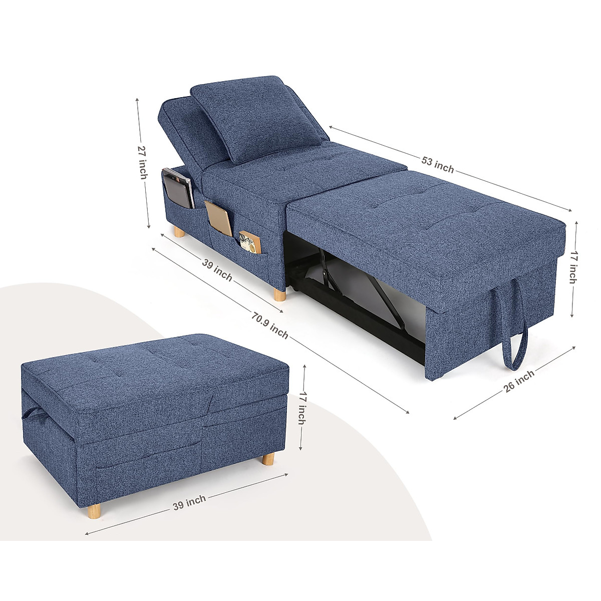 SEJOV Sleeper Sofa Chair Bed,4-in-1 Convertible Sofa Bed Chair with 6 Adjustable Backrest and Pillow, 3-Seat Pull Out Sleeper Chair Linen No Backrest for Bedroom Small Space Living Room, Navy Blue