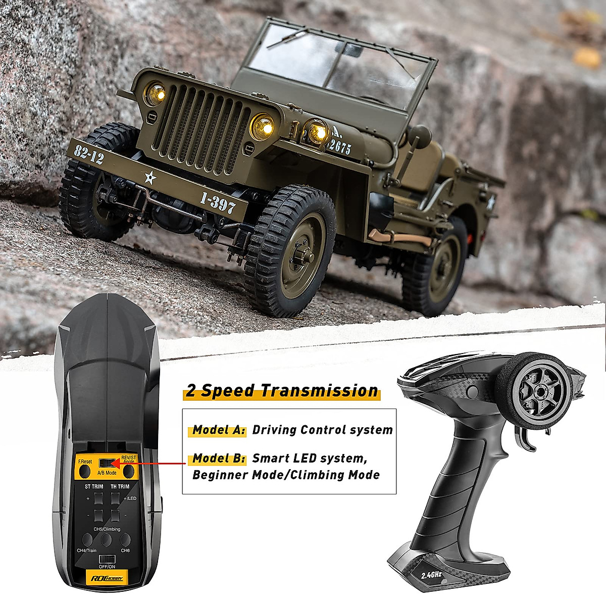 WOWRC RocHobby 1/12 1941 MB Scaler RC Jeep, 4x4 Hobby Grade RTR RC Car Mini RC Rock Crawler Military, 2.4Ghz RC Truck with 180 Brushed Motor, LED Lights, Battery and USB Charger for Adults