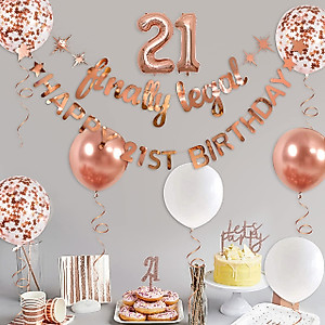 Rose Gold Finally Legal Happy 21st Birthday Banner Garland Foil Balloon 21 for 21 Birthday Decorations Hanging Twenty One Birthday Decor for Girls 21st Birthday Decorations Party Supplies for Her