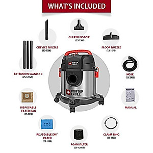 PORTER-CABLE Wet/Dry Vacuum 4 Gallon 4HP Stainless Steel Light Weight Portable, 3 in 1 Function with Attachments, Silver+Red