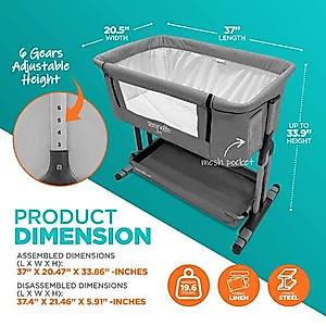 SereneLife Baby Bassinet, Bedside Sleeper for Infant & Newborn, Baby Bed for Safe Co-Sleeping, Easy Folding Portable Crib w/Storage Basket, Adjustable Height, Wheels, All Mesh, w/Travel Bag (Grey)