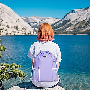 WANDF Drawstring Backpack Sports Gym Sackpack with Mesh Pockets Water Resistant String Bag for Women Men (Purple)