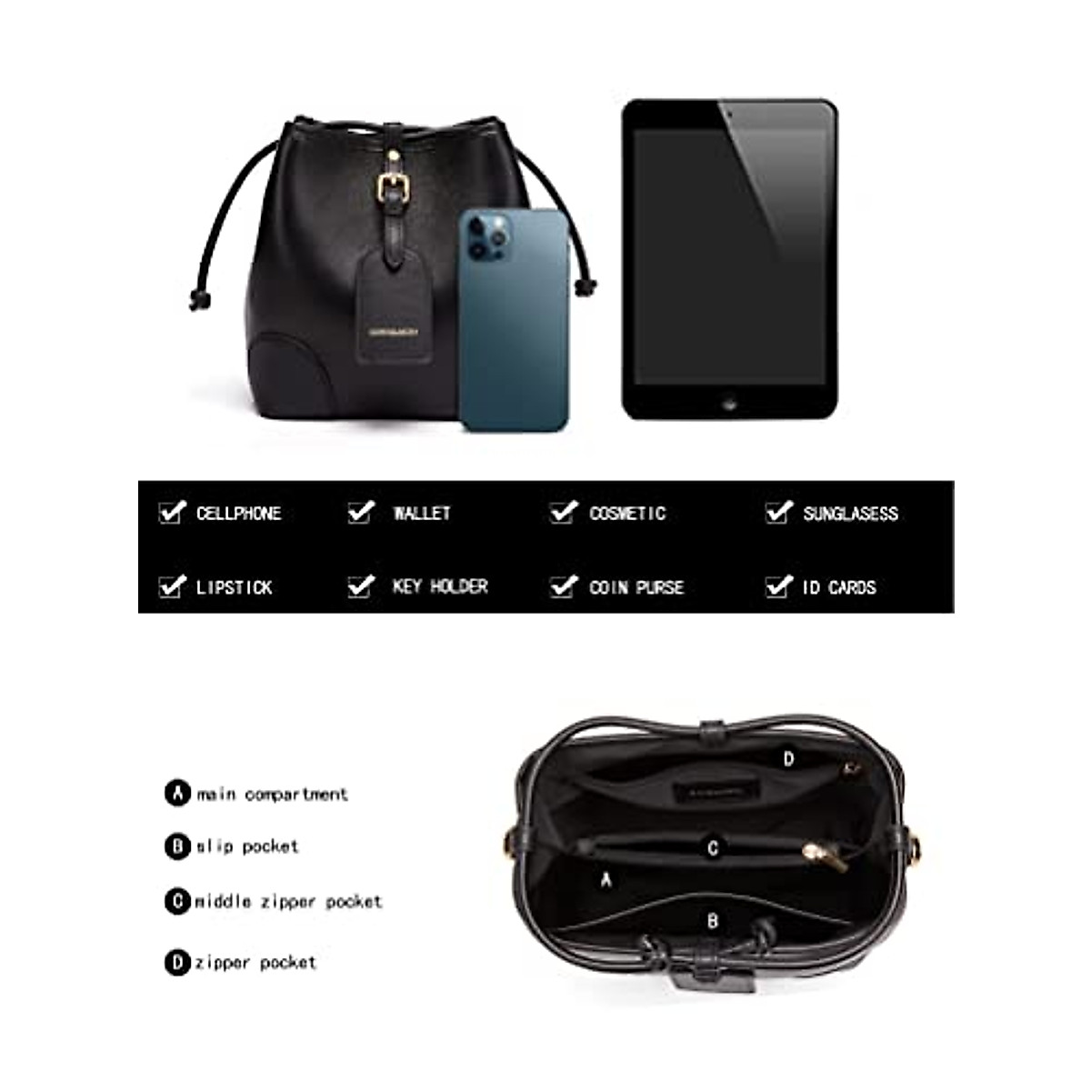 DORIS&JACKY Leather Drawstring Shoulder Bag Small 2 Way Bucket Crossbody Purse For Women (1-Black)