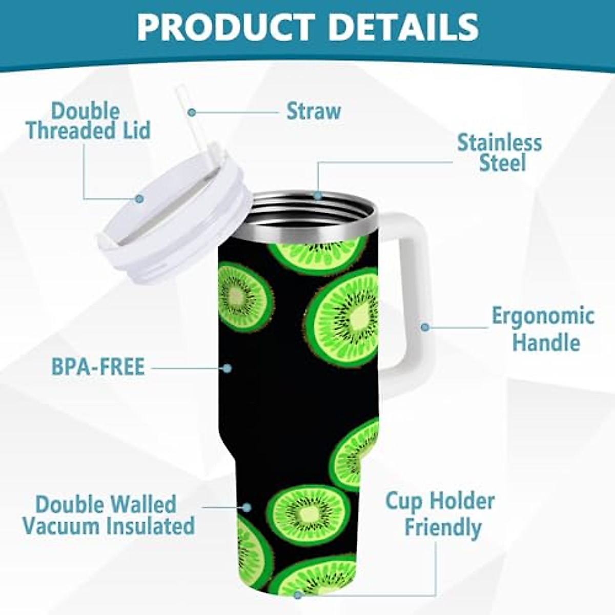 RPLIFE Sliced Kiwis Vibrant Green Tumbler with Handle and Straw, Stainless Steel Bottle, Cup with Lid and Straw