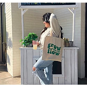 Reusable Canvas Tote Bag, Tote Bag For Women, Tote Bag For Men, Reusable Grocery Bag, Green Grow With The Flow Tote Bag, Aesthetic Tote Bag