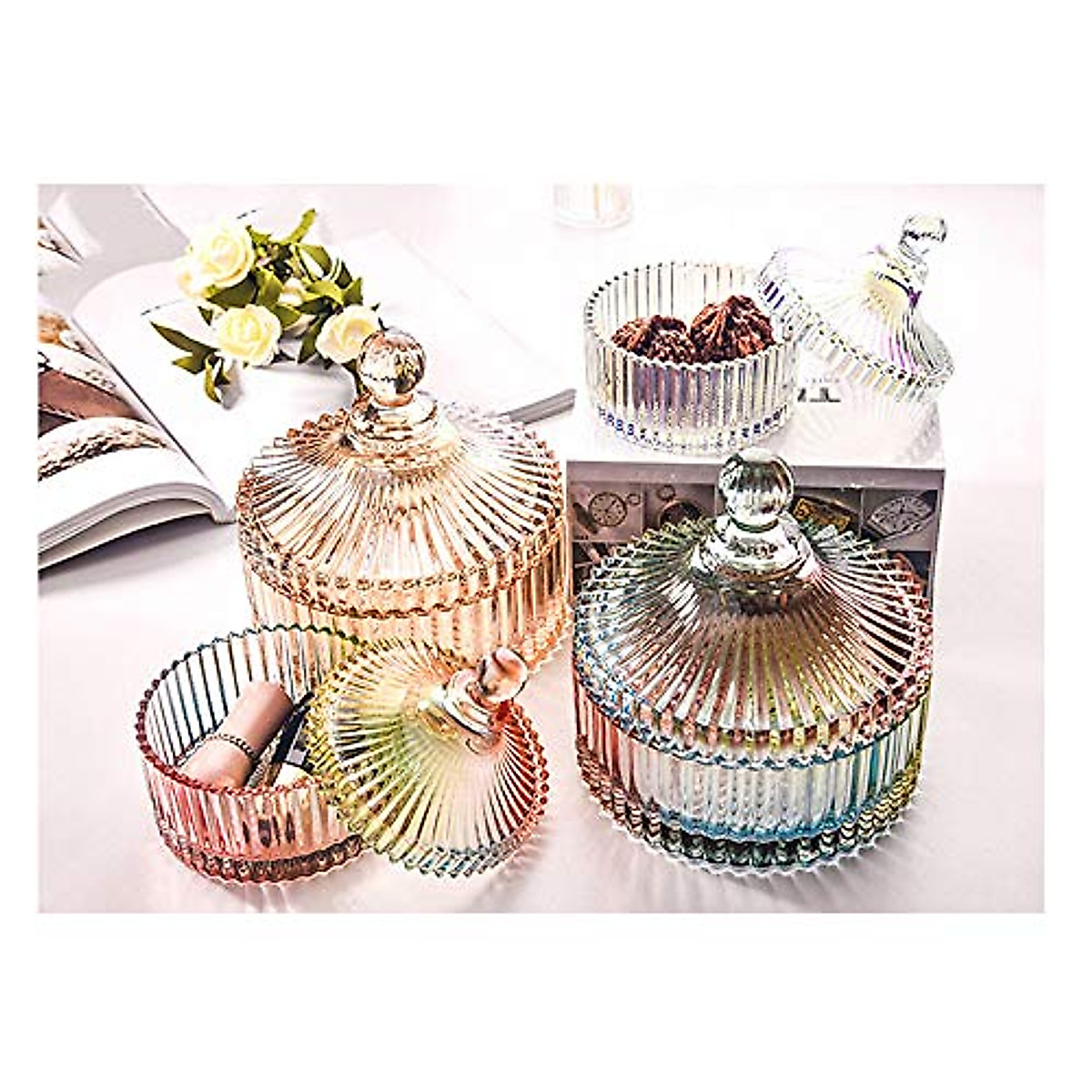 CHOOLD Luxury Colorful Tent Shaped Crystal Candy Jar with Lid,Clear Glass Apothecary Jar Wedding Candy Buffet Jar Food Jar. 24oz