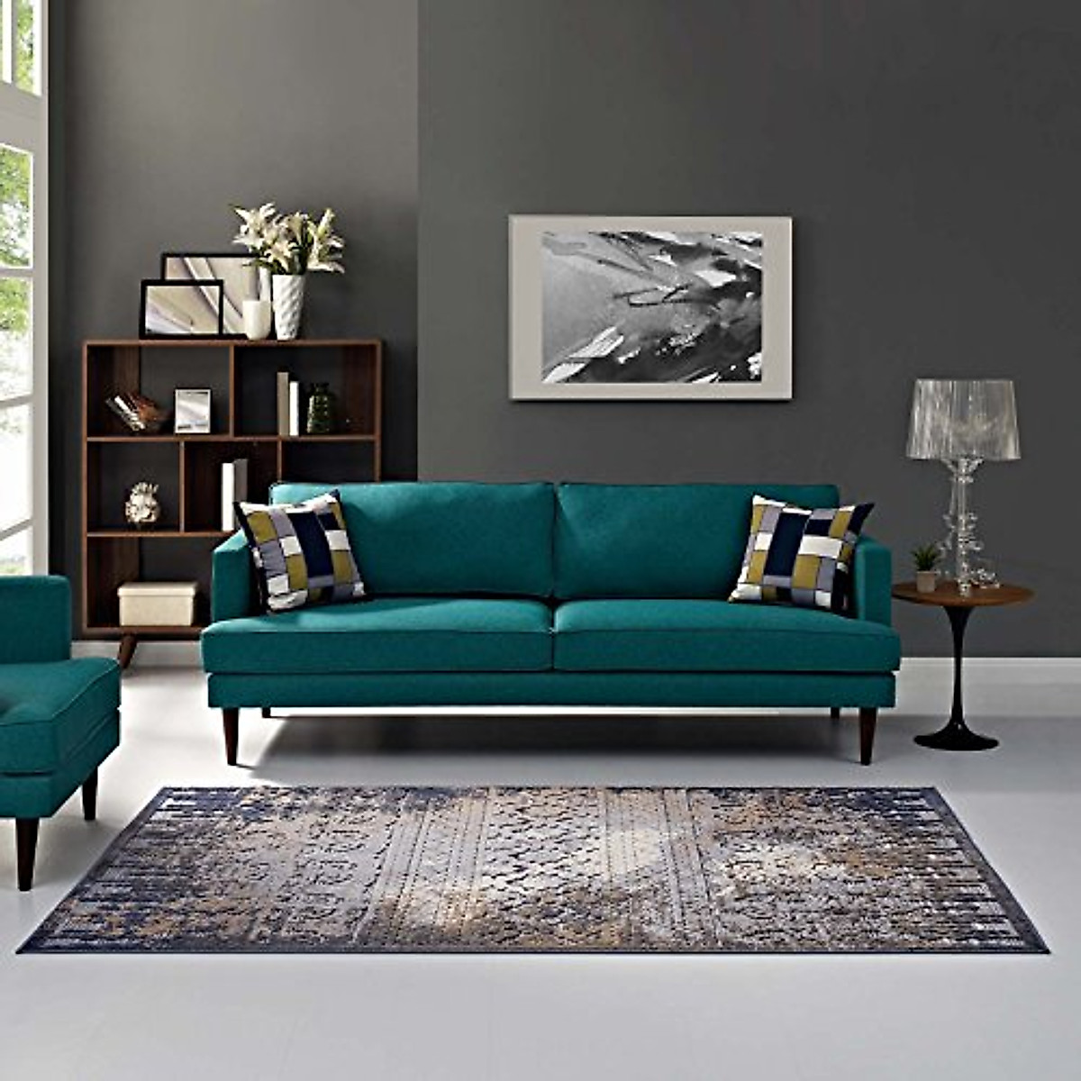 Modway Kalene Distressed Vintage Turkish 8x10 Area Rug in Blue, Rust and Cream