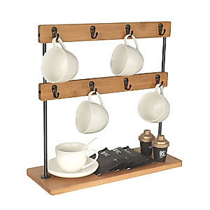 Aomomery Rustic Coffee Mug Holder Stand, Bamboo Mug Tree for 16 Hooks, 2-Tier Countertop Coffee Cup Holder with Storage Base for Kitchen