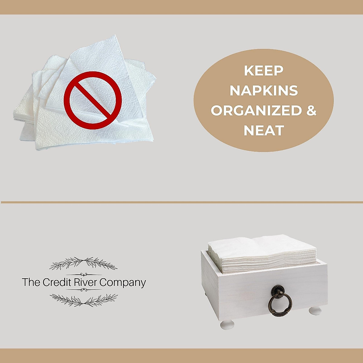 Farmhouse Napkin Holder White - Wooden Napkin Holder With 4 Feet, Rustic Napkin Holder Wood, White Napkin Holder With Handle, Flat Napkin Holder for Table, Table Napkin Holder, Paper Napkin Holder