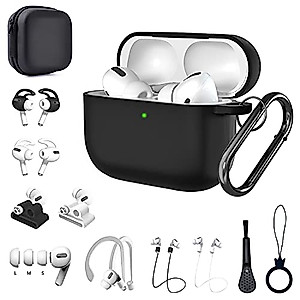 Airpods Pro Case, 15 in 1 Airpod pro Accessories Set Kit, Silicone Anti-Lost Straps/Watch Band Holder/Ear Hooks/Storage Box/Ear Tips/Keychainfor Apple Airpods Pro Charging Case Cover Skin (Black)