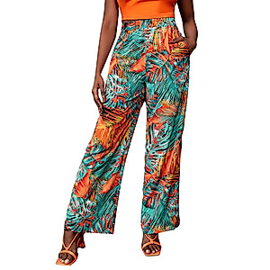 WDIRARA Women's Tropical Print High Elastic Waisted Wide Leg Loose Pants Trousers Multicolored S