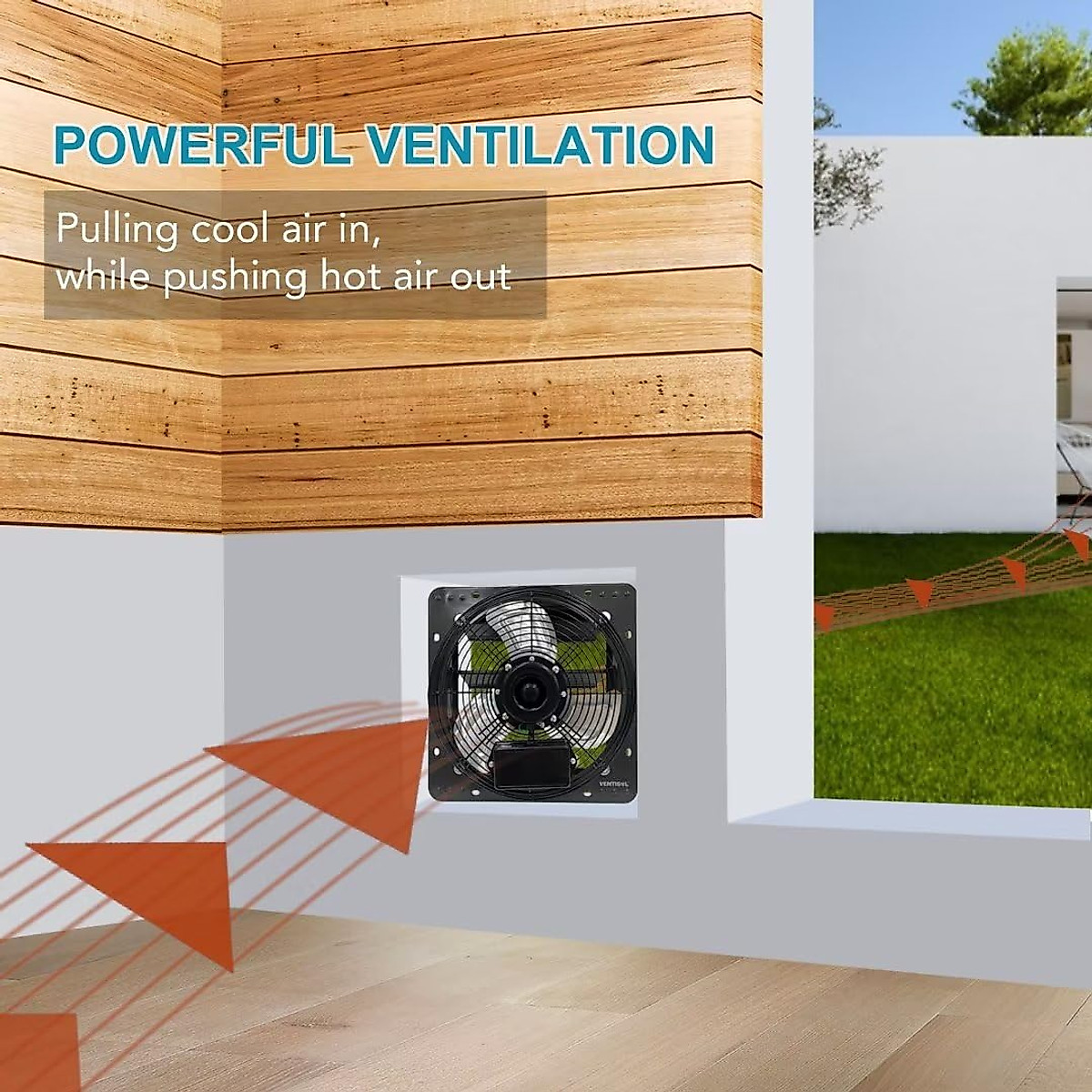 VENTISOL 14 Inch Shutter Exhaust Fan Wall Mounted, Aluminum Blades, with 1.65 Meters Power Cord Kit, Max.1950CFM, Ventilation Fan for Garage,Greenhouse,Attic,Shed,Shop-Black