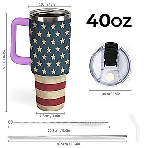 LLUTSNTH 40 Oz Vacuum Tumbler with Violet Handle Leakproof Insulated Tumbler Vintage American USA Flag Stainless Steel Travel Mug with Lid And Straw Coffee Cup Cute Water Bottles Cup Holder Friendly