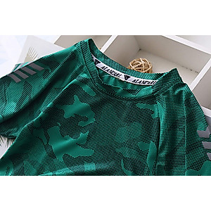 Jellyuu Boys Summer Clothing Sets Kids Short Sleeve Outfit Set Camouflage T-Shirt+ Shorts Sportswear Quick-dry 2Pcs (Green-mesh 9-10 Years)