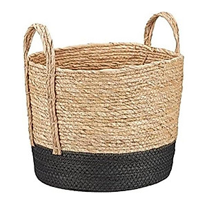 Generic Set of 2 Jute Cylinder Baskets with Handles, 12 x 12 and 8 x 8 inches, Beige and Black, 78654