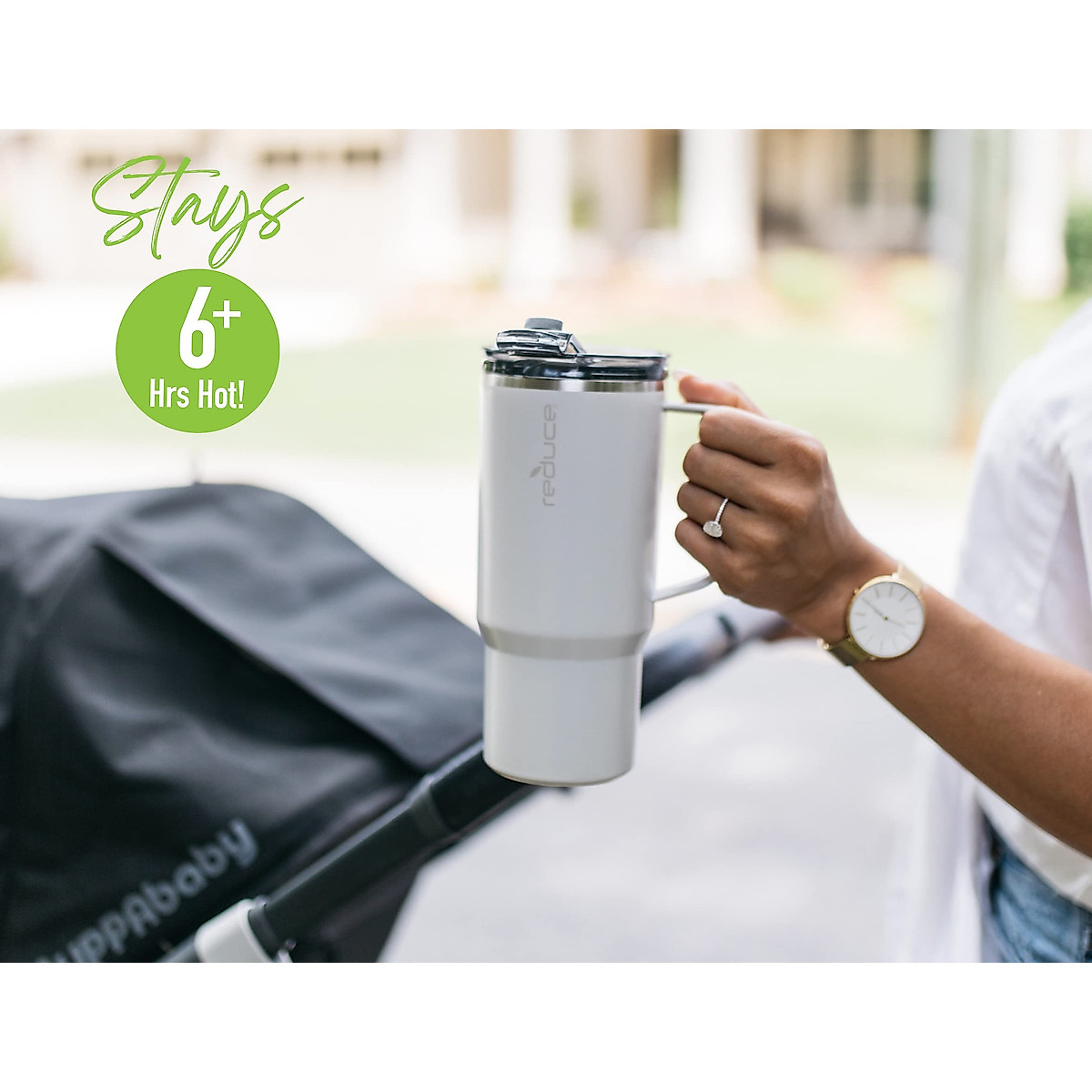 REDUCE 24 oz Travel Coffee/Tea Mug with Handle- Vacuum Insulated Stainless Steel Reusable Tumbler for Home, Office, Cupholder Friendly for Car, Splashproof Lid, Keeps Drink Hot for 8 hrs- Rose