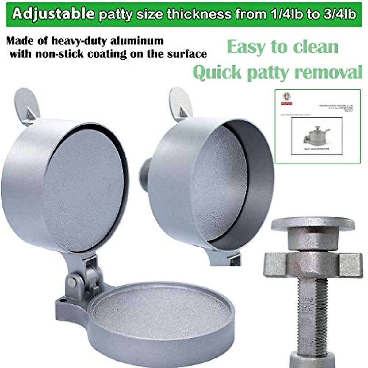 laffeya Burger Press, Hamburger Maker with 50 Non Stick Patty Papers, Adjustable Burger Press Makes 4 1/2" Patties, 1/4Lb to 3/4Lb (Burger Press with Paper)