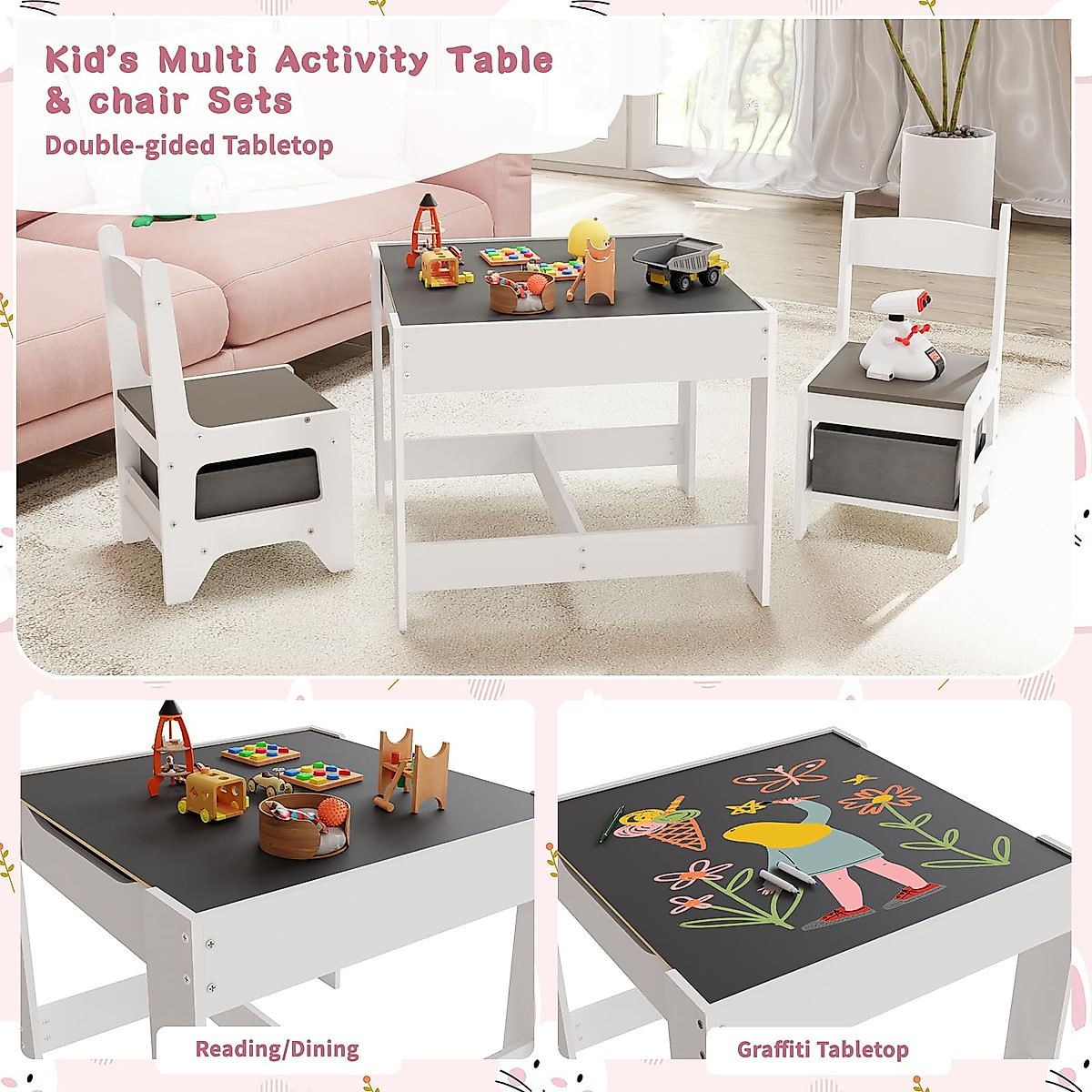 Maonlyking Kids Table and Chair Set, 3 in 1 Wooden Activity Table for Toddlers Arts, Crafts, Drawing, Reading, Playroom, Toddler w/ 2 in 1 Tabletop, Storage Space, Gift for Boy & Girl