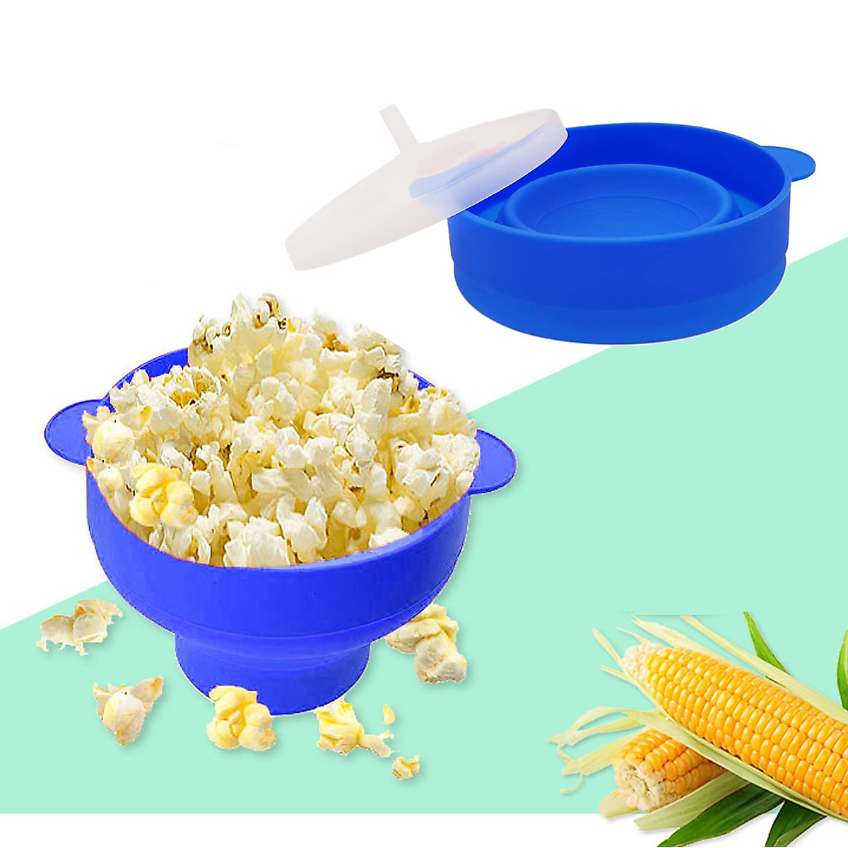 Mini Microwave Popcorn Popper, BPA Free Silicone Popcorn Popper Microwave Collapsible, Microwave Popcorn Maker, Microwave Popcorn Bowl, Dishwasher Safe (Deep Sea Blue)