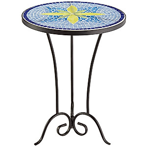 Teal Island Designs Flower Rustic Black Metal Round Outdoor Accent Side Table 17 1/2" Wide Blue Yellow Mosaic Tile Tabletop Gracefully Curved Legs for Spaces Porch Patio Home House Balcony Deck