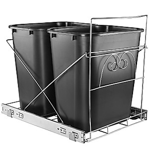 Pektiftn Double Pull Out Trash Can Under Cabinet, Under Sink Trash Can Pull Out Shelf Kit,Dual Compartment Slide Out Rack Rail for Kitchen Recycle Bins (Not Included Trash Can，Stainless Steel)