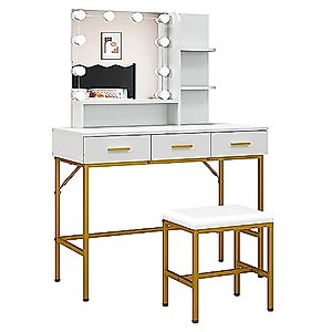 Vanity Table with Lighted Mirror, 3 Drawers Makeup Desk Dressing Table with Lots Storage Vanity Set with Wider Cushioned Stool for Bedroom (White)