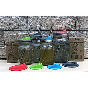 THINKCHANCES Reusable Food Grade BPA Free Silicone Sip Coffee Juice Drinking Lid Kit with Stainless Steel Rings for Mason, Ball, Canning Jars, Pack of 4 Sets (Regular Mouth,Oval Drinking Hole)