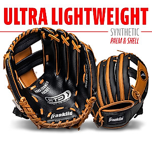 Franklin Sports unisex youth Right Handed Thrower Franklin Sports Kids Baseball Gloves RTP Child s Tball Glove Ball Set Boys Girls Teeball Mit, Black/Tan, 9.5 US