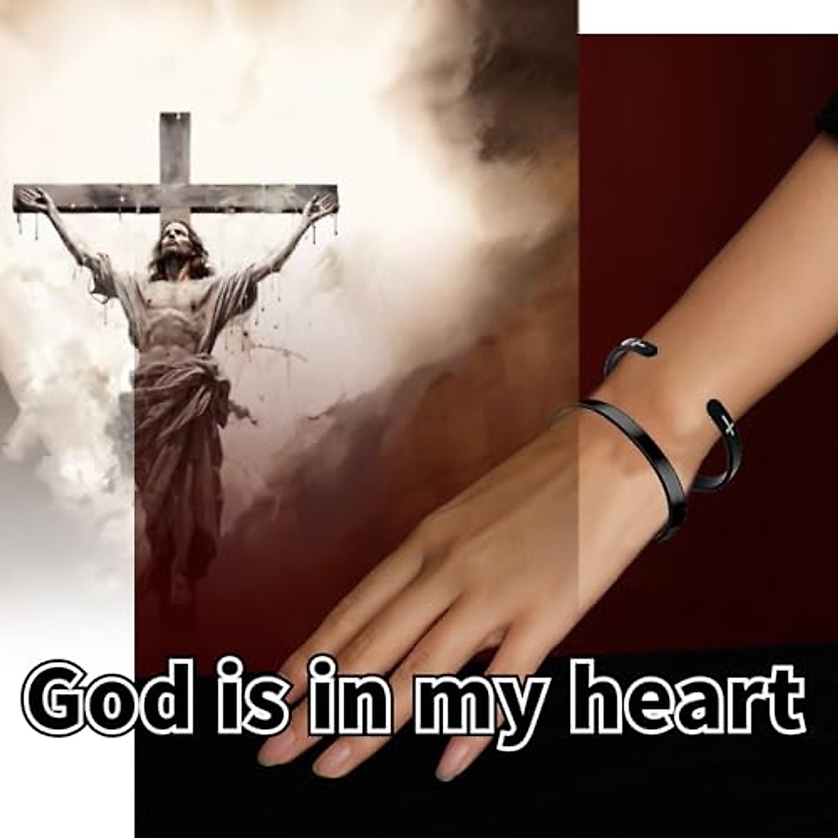 RENYILIN Black stainless steel religion quotes faith in Christian Bible verses inspiring cuff bracelets (I Am With You Always. Matthew 28:20)
