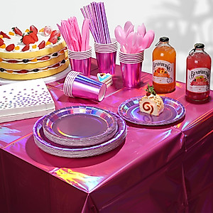 Iridescent Pink Party Supplies Decorations Serve 25, Hot Pink Holographic Paper Plates and Napkins Set, Disposable Pink Paper Plates Cups Knives Spoons Fork for Mermaid Disco Birthday Graduation Party