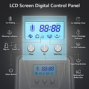 KUMIO Ice Makers Countertop with Self-Cleaning, 9 Pcs/6-8 Mins, 26.5 Lbs/24 Hrs, 2.1L Water Tank, 2 Sizes of Bullet Ice for Home/Party, LCD Digital Control Panel, Ice Basket & Scoop, Stainless Steel