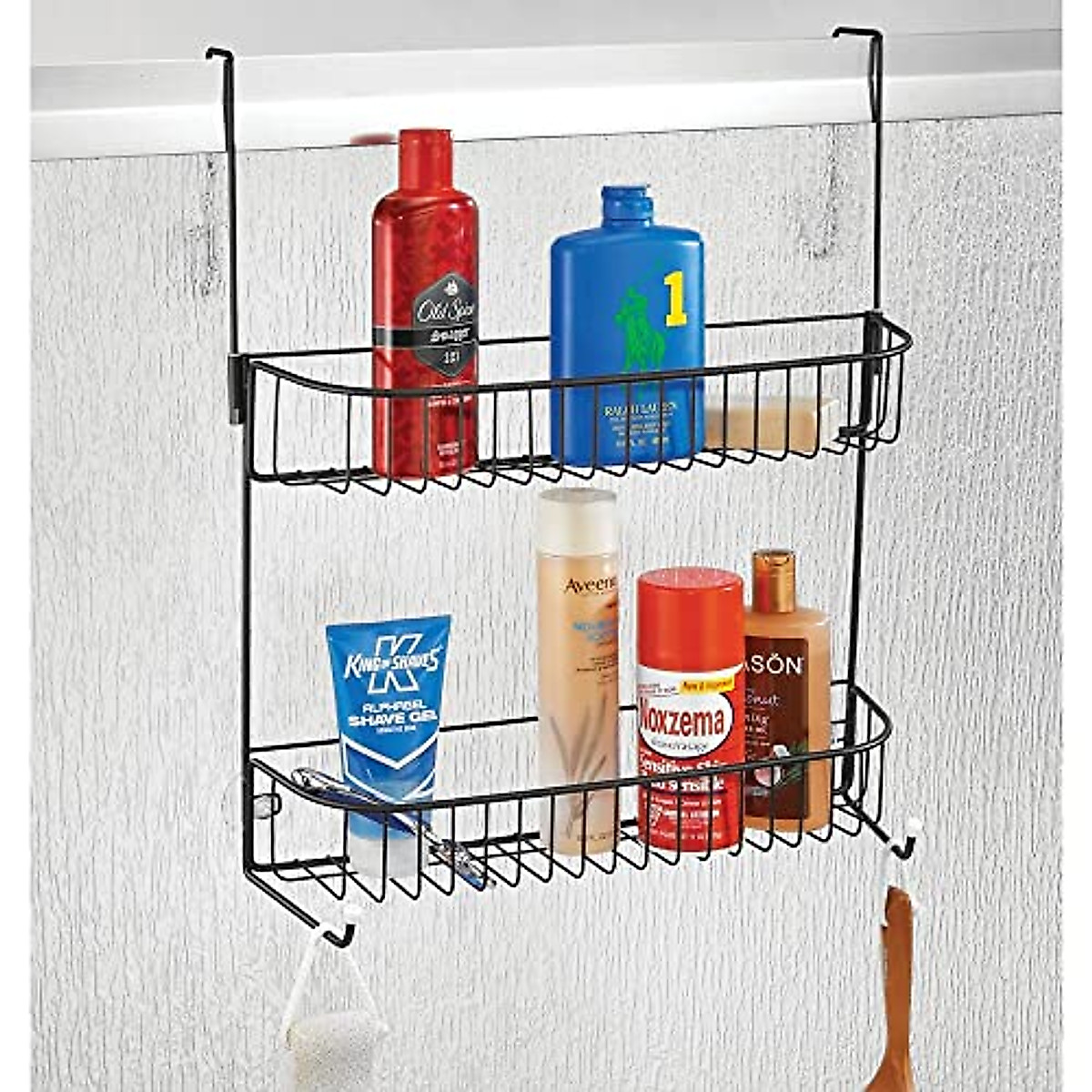 mDesign Extra Wide Metal Wire Over the Bathroom Shower Door Caddy, Hanging Storage Organizer with Built-In Hooks and Baskets on 2 Levels for Shampoo, Body Wash, Loofahs, Rust Resistant - Matte Black