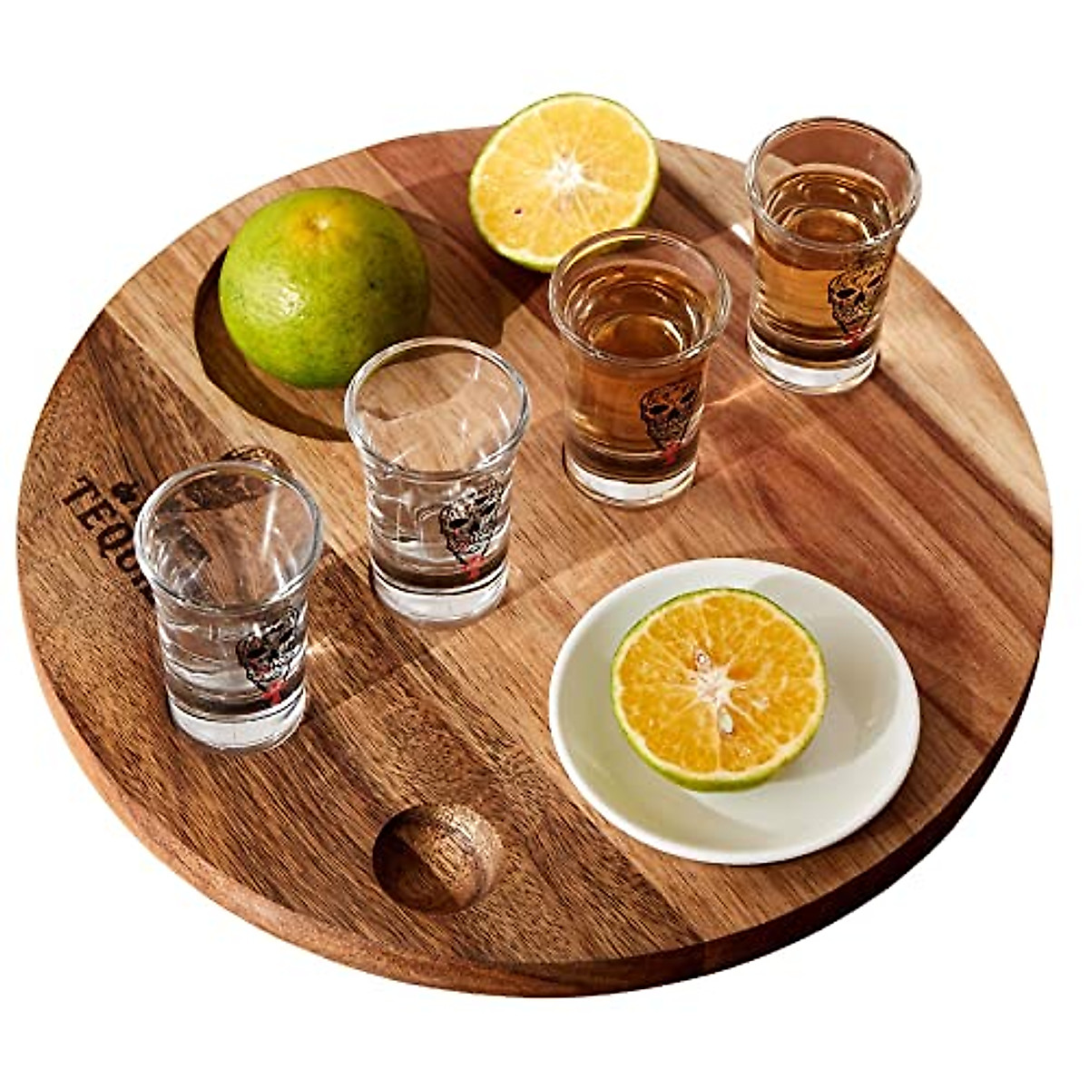 de la Cruz Tequila Flight Board with Salt Rim, Includes 4x Shot Glasses and Ceramic Plate Handmade Board, Glass Holder, Bar Party Serving Tray, Family Dinner Party, Gift for Friend
