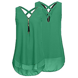 YOMXL Womens Chiffon Tank Tops Cross Back Sleeveless Vest Casual Layer Zipper Loose Fit Tunic Vest Army Green