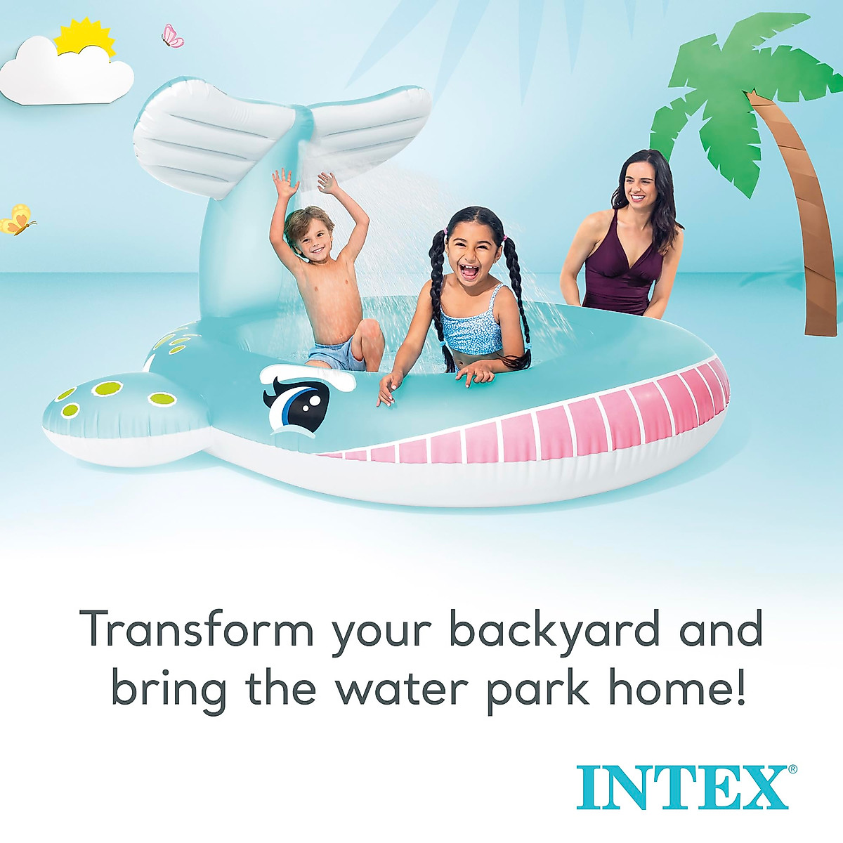 Intex Inflatable Whale Kiddie Pool: Built-in Water Sprayer – Convienient Drain Plug – Durable Vinyl – 79" x 77" x 36" – Ages 3+