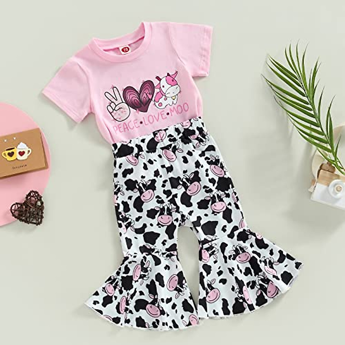 Western Baby Girl Outfits Funny Letter T Shirt Top+Cow Print Long Flare Pants Set Summer Spring Clothes 2Pcs (Pink Peace Love Moo, 18-24 Months)