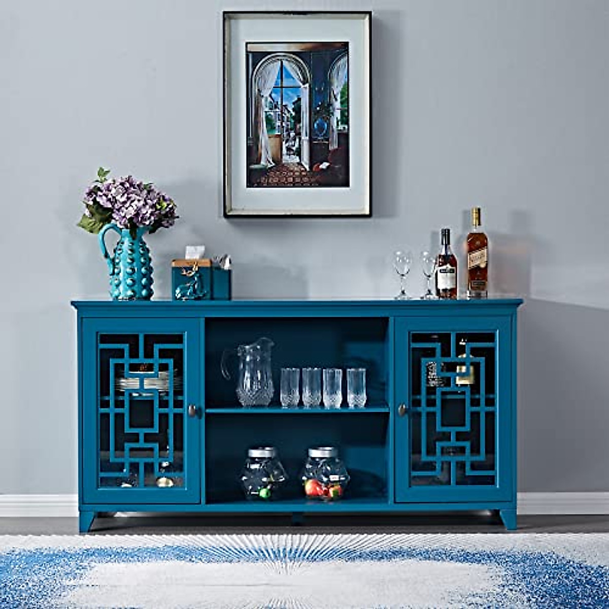 KIVENJAJA Buffet Cabinet with Storage, 60” Sideboard with 2 Glass Doors and Adjustable Shelves, Coffee Bar Table Credenza for Kitchen, Dining Room, Entryway, Living Room (Teal Blue)