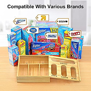 MeetGreat Bag Storage Organizer for Kitchen Drawer, Bamboo Ziplock Bag Dispenser, Storage Bag Holders, Compatible with Gallon, Quart, Sandwich and Snack Variety Size Bag (1 Box 4 Slots)