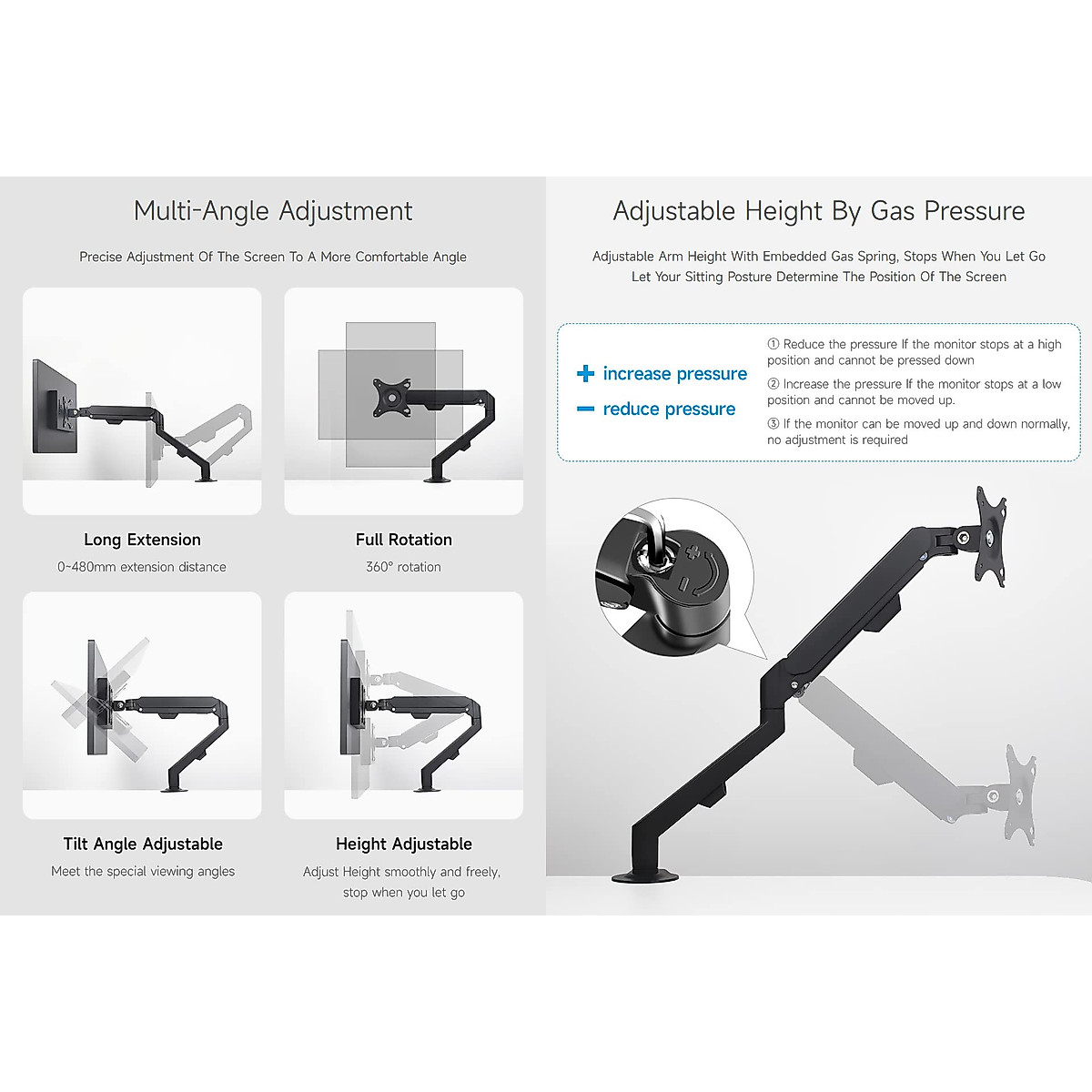 Waveshare Gas Spring Monitor Arm for 17~30 Inch Display Monitor, Height Adjustment, Supports Multi-Angle Rotation and Expansion