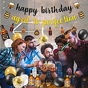 Whiskey themed Aged to Perfection Birthday Party Supplies for Men, Black Gold Cheer and Beer Themed Whiskey Birthday Party Banner Decorations