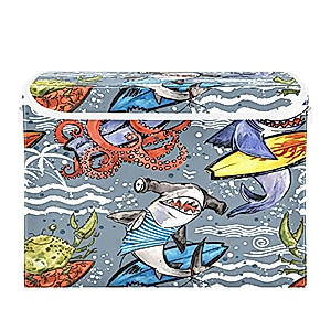 KEEPREAL Cute Cartoon Sea Fish Storage Basket Bin with lid, Large Cube Storage Box Collapsible Storage Organizer for Home Office Closet - 16.5 L x 12.6 W x 11.8 H